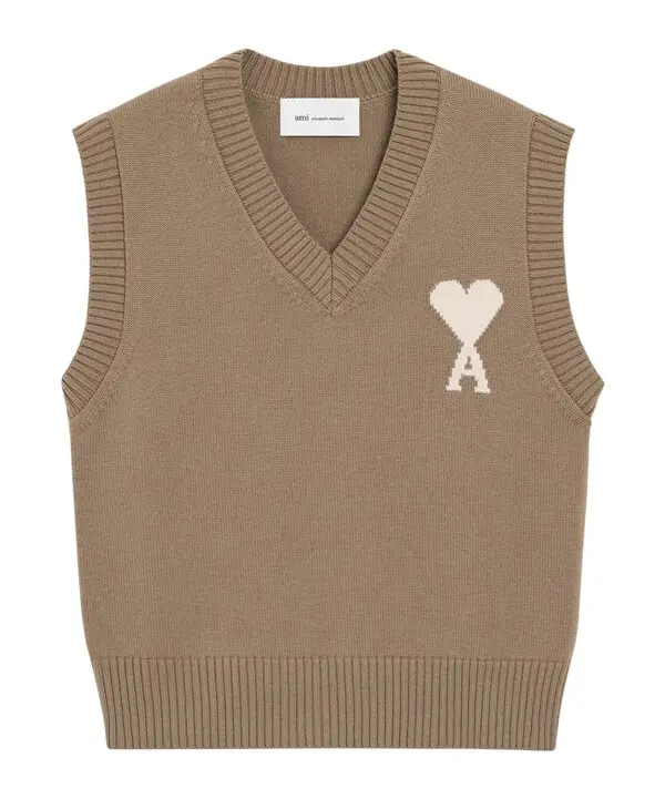 AMI Paris De Coeur V-neck Knitted Vest - Brown