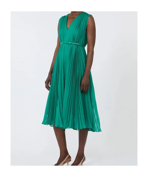 Max Mara Pleated V-neck Belted Midi Dress - Green