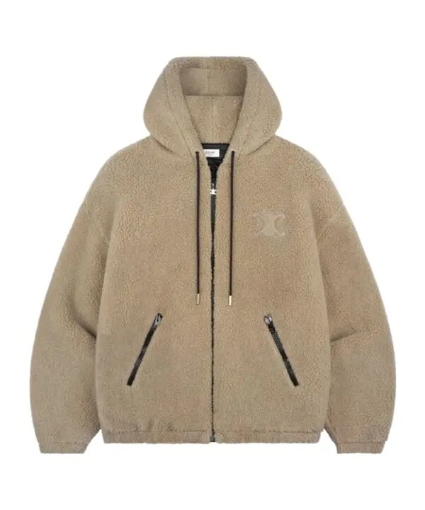 Celine Hooded Fleece Jacket With Triomphe Tassel - Beige/black