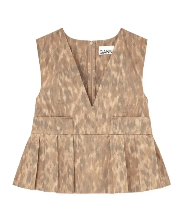 GANNI Sleeveless V-neck Printed Cotton Top - Nude