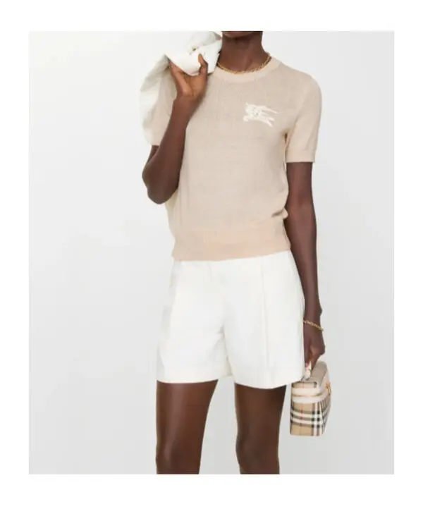 Burberry Anisa Short-sleeve Knitted Top With Equestrian Knight Design - Easel Beige