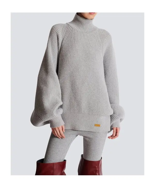 Balmain High-neck Ribbed Knit Jumper With Dolman Sleeves - Grey