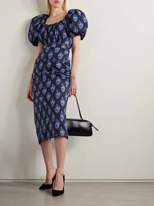 Carolina Herrera Printed Puff Sleeve Midi Dress