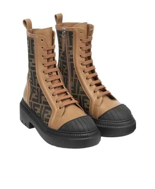 Fendi Lace-up Combat Boots With Ff Jacquard