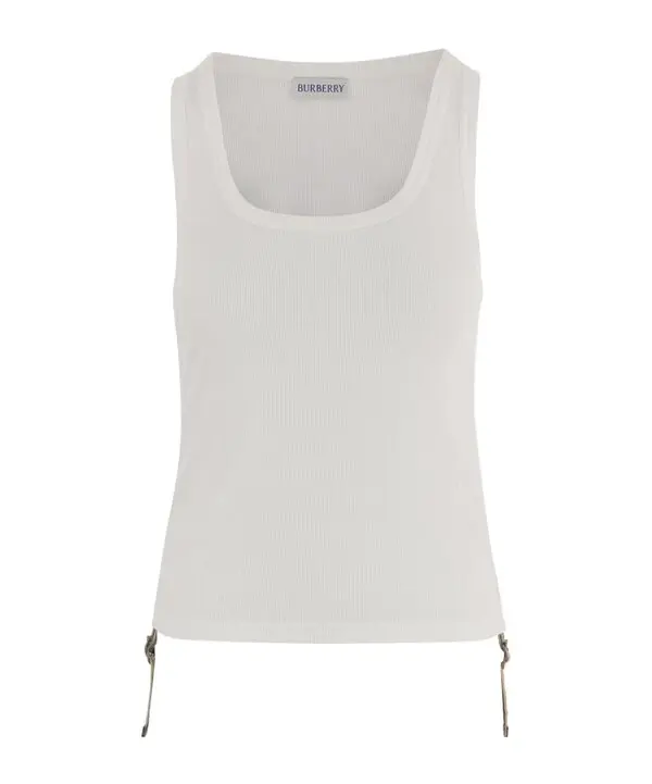 Burberry Checked Strap Ruched Ribbed Tank Top - White