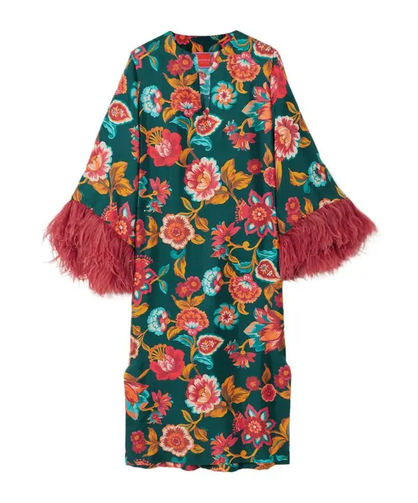 La DoubleJ Printed Midi Dress With Feathered Cuffs - Blue