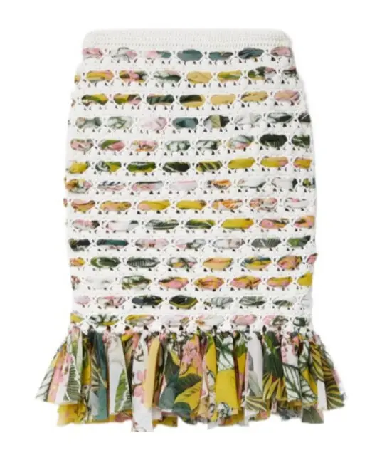 Oscar De La Renta Printed Crochet Fringe Midi Skirt - White