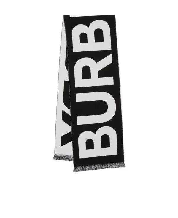 Burberry Logo Printed Fringed Scarf - Black