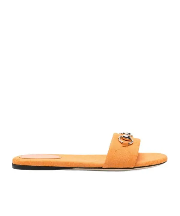 Gucci Canvas Logo Slide Sandals With Horsebit Detail - Nude