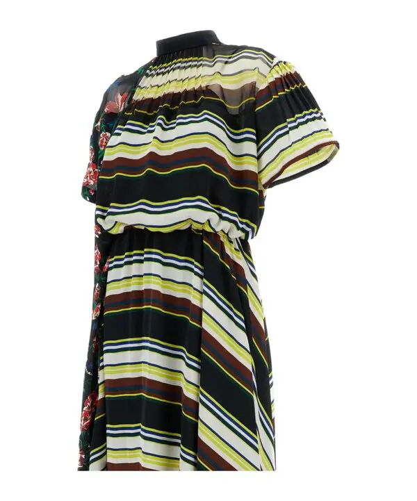 Sacai Floral Printed And Striped Midi Dress