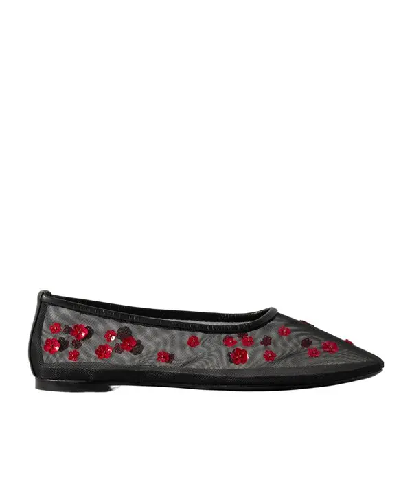 Staud Alba Mesh Ballet Flats With Sequined Floral Pattern - Black