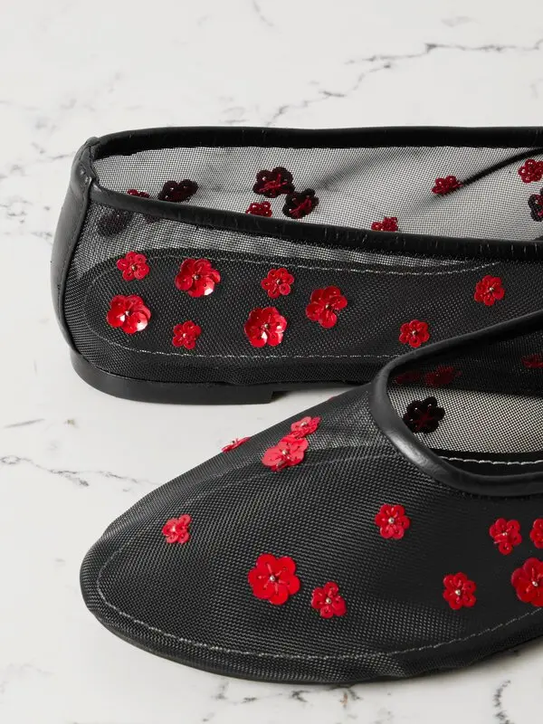 Staud Alba Mesh Ballet Flats With Sequined Floral Pattern - Black