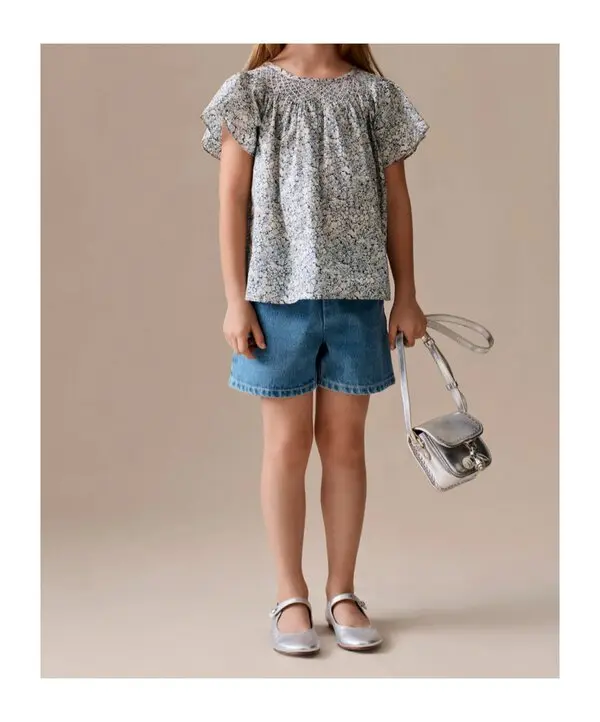 Bonpoint Elasticated Waist Denim Shorts With Cherry Embroidery