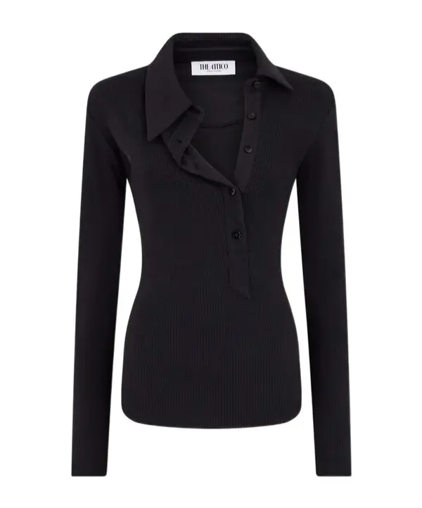 Attico Long-sleeved Ribbed Polo Top - Black