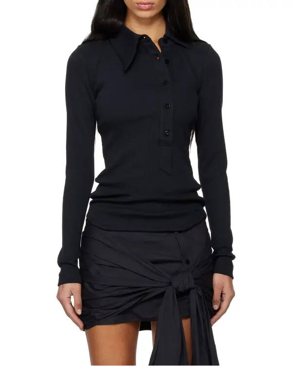 Attico Long-sleeved Ribbed Polo Top - Black
