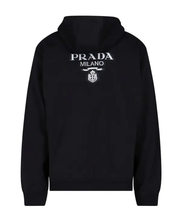 Prada Zip-up Drawstring Hoodie With Back Logo