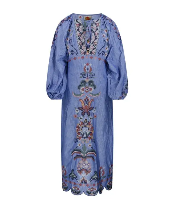 Farm Rio Embroidered Tie-neck Maxi Dress