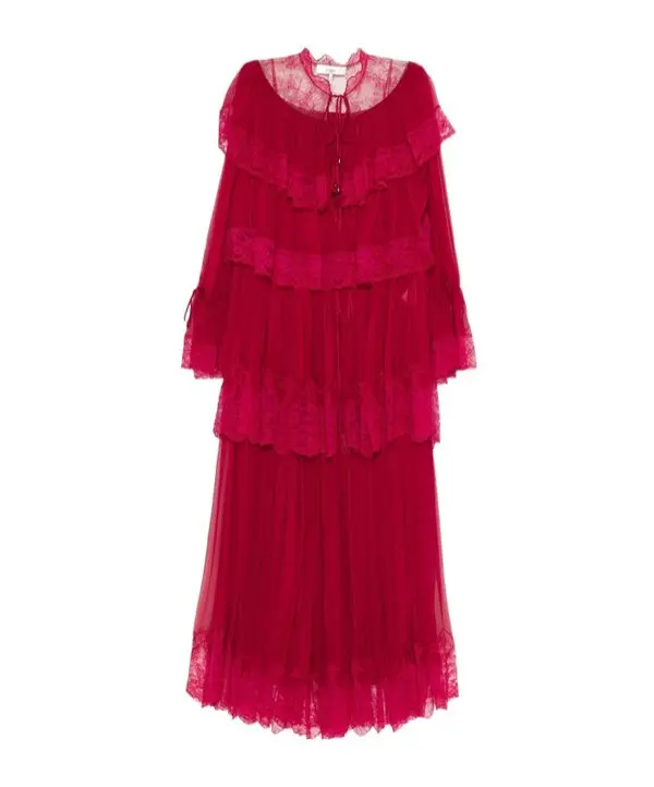 Chloé Long Sleeve Tiered Lace Trim Dress