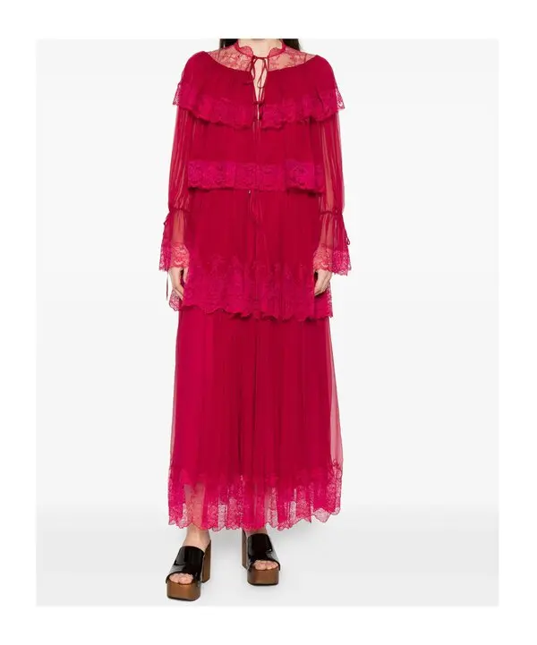 Chloé Long Sleeve Tiered Lace Trim Dress