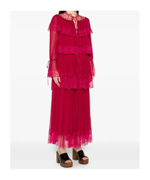 Chloé Long Sleeve Tiered Lace Trim Dress