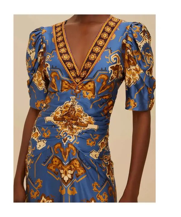 Farm Rio Printed V-neck Puff Sleeve Midi Dress