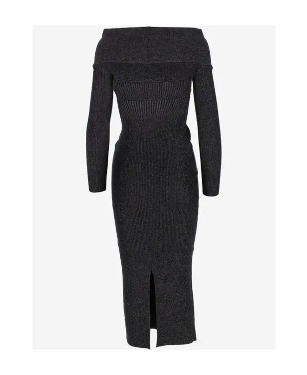 Khaite Off-the-shoulder Long Sleeve Ribbed Knit Midi Dress