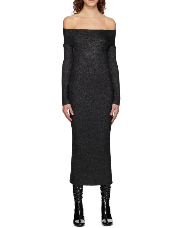 Khaite Off-the-shoulder Long Sleeve Ribbed Knit Midi Dress