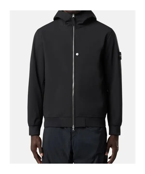 Stone Island Logo Patch Zip-up Hooded Jacket - Black