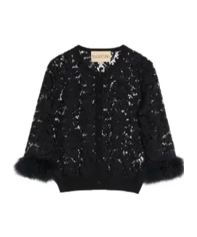 Valentino Garavani Lace Feather-trim Cardigan - Black