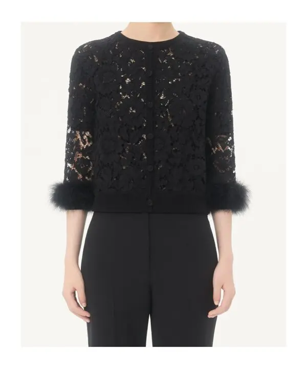 Valentino Garavani Lace Feather-trim Cardigan