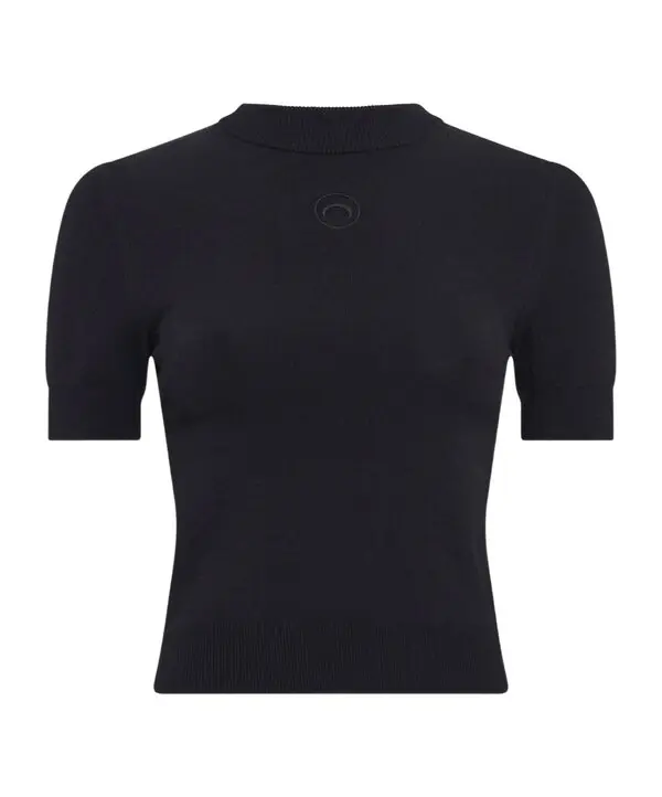 MARINE SERRE Short Sleeve Crew Neck Sweater With Heat-fused Moon Logo - Black