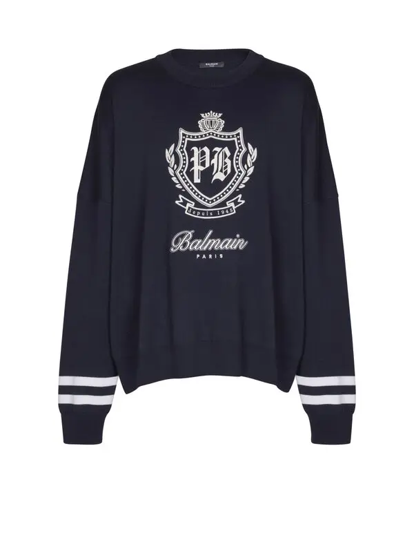 Balmain College Emblem Knit Jumper - Navy Blue