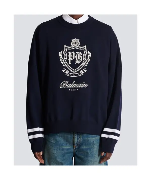 Balmain College Emblem Knit Jumper - Navy Blue