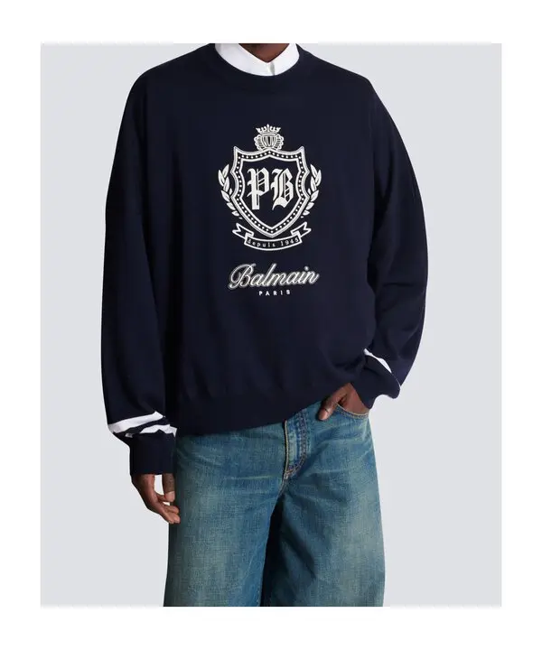 Balmain College Emblem Knit Jumper - Navy Blue