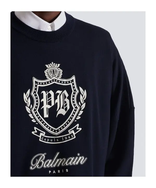 Balmain College Emblem Knit Jumper - Navy Blue