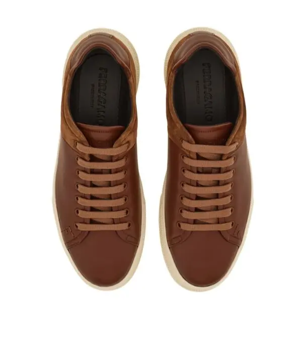 FERRAGAMO Low-top Calfskin And Suede Sneakers - Brown