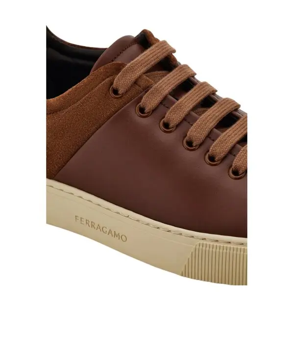 FERRAGAMO Low-top Calfskin And Suede Sneakers - Brown