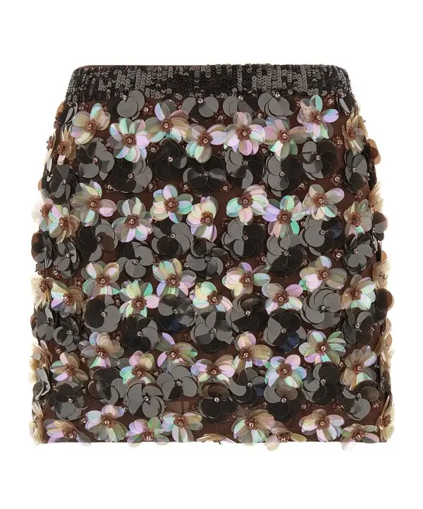 P.a.r.o.s.h Embellished Floral Sequin Mini Skirt - Brown