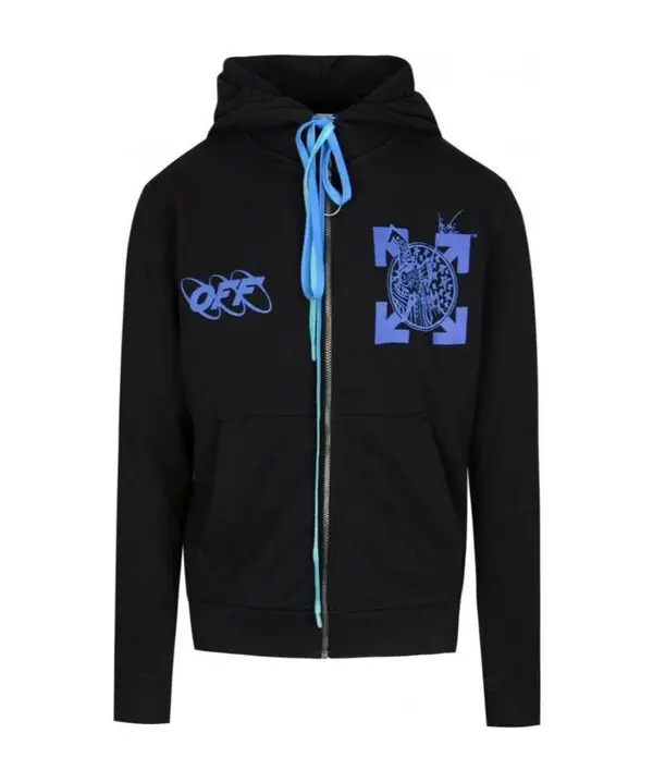 Off-White Printed Casual Zip-up Hooded Jacket - Black
