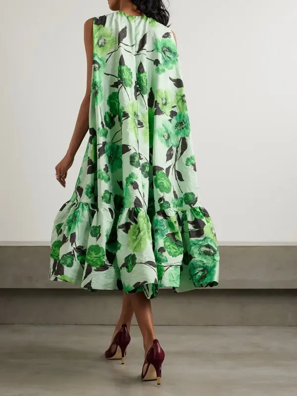 Erdem Printed Taffeta Dress With Shawl And Tiered Skirt