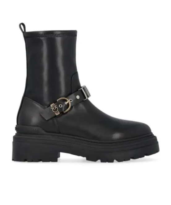 Pinko Leather Ankle Boots With Buckle Detail - Black