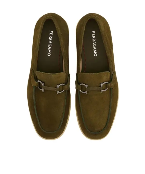 FERRAGAMO Gancini Buckle Suede Loafers - Olive Green