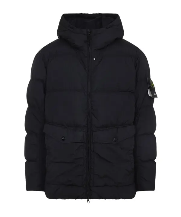 Stone Island Logo Patch Zip-up Hooded Jacket - Black