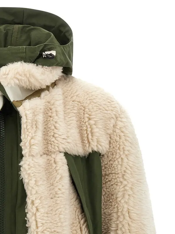 Sacai Faux Shearling Zipped Down Jacket With Drawstring Waist - Nude
