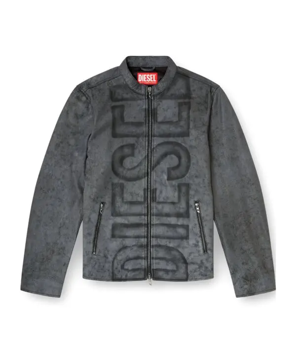 DIESEL® Leather Biker Jacket With Vertical Superlogo - Grey