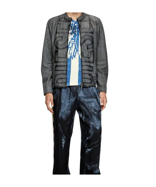 DIESEL® Leather Biker Jacket With Vertical Superlogo - Grey