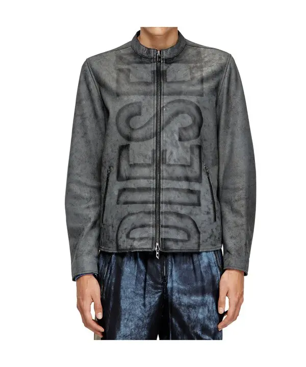 DIESEL® Leather Biker Jacket With Vertical Superlogo - Grey