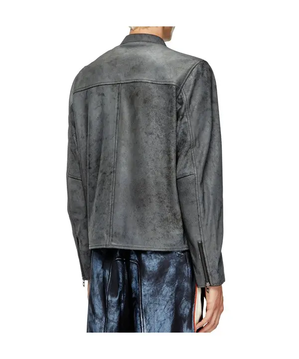 DIESEL® Leather Biker Jacket With Vertical Superlogo - Grey