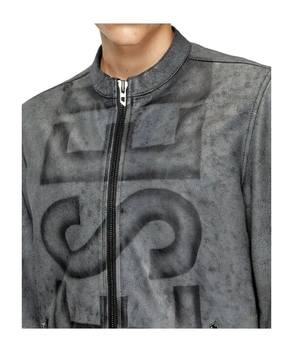 DIESEL® Leather Biker Jacket With Vertical Superlogo - Grey