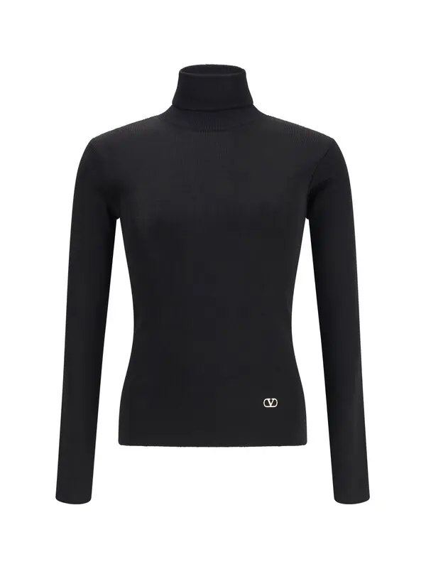 Valentino Garavani Ribbed Knit Turtleneck Long Sleeve Sweater - Black